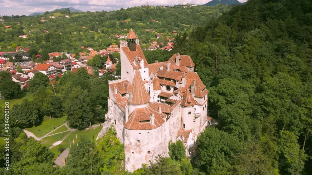 Birds eye view of Dracula's castle, at Bran, Romania. Footage was shot ...