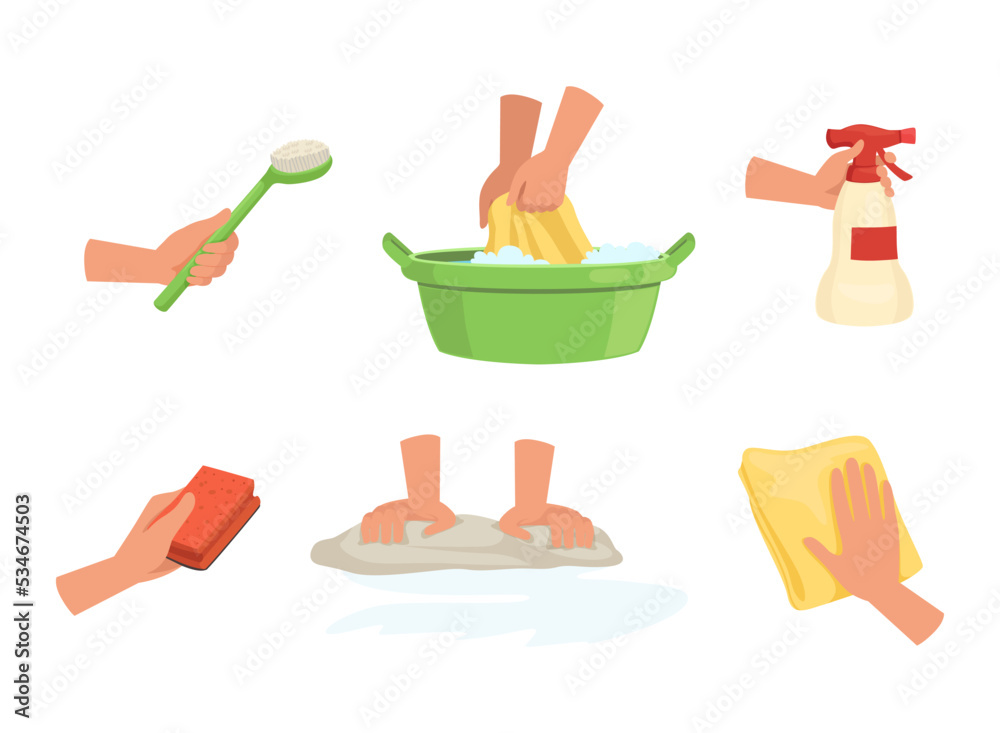 Human hands and cleaning supplies set. Hands hands washing in basin ...