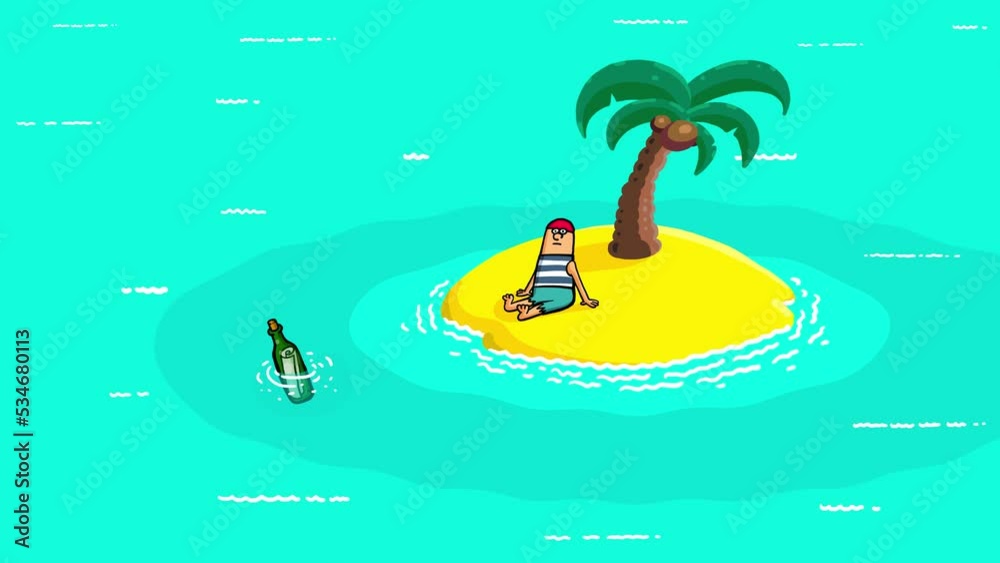 Castaway under the palm on the small beach and bottle with a amessage ...