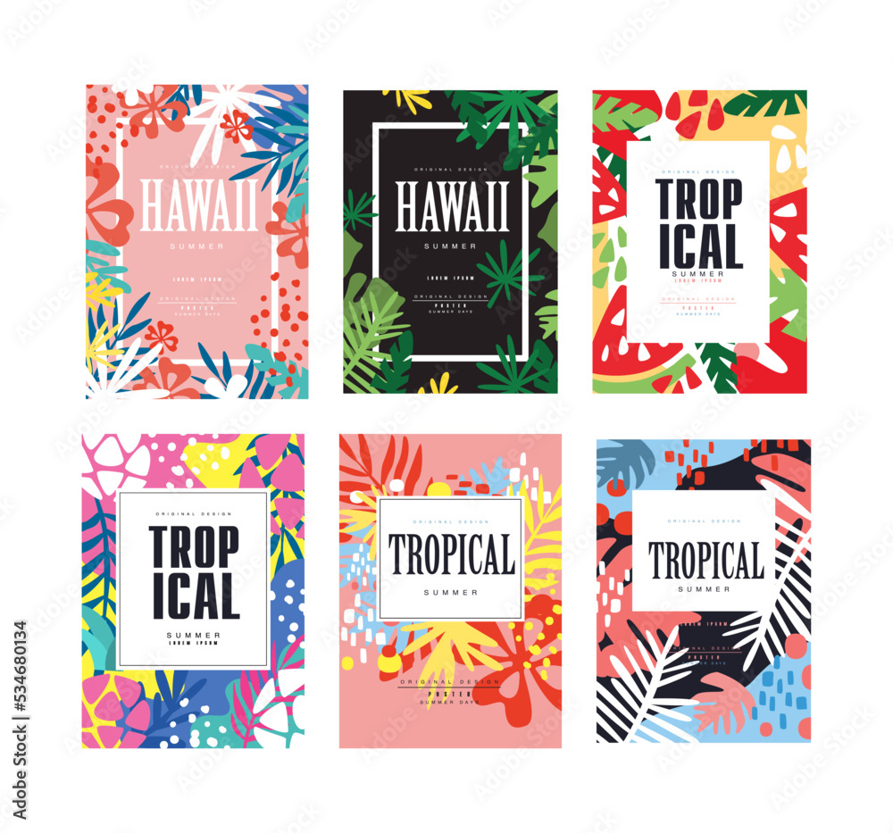 Hawaii summer tropical card templates set. Banner, poster, background ...