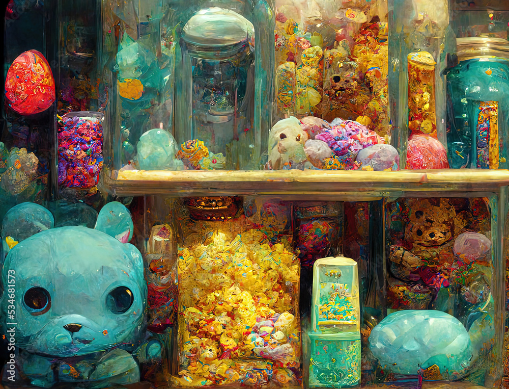 Colorful Gift Bottle Box Toy Ball Candy Claw Machine. Fantasy Backdrop ...