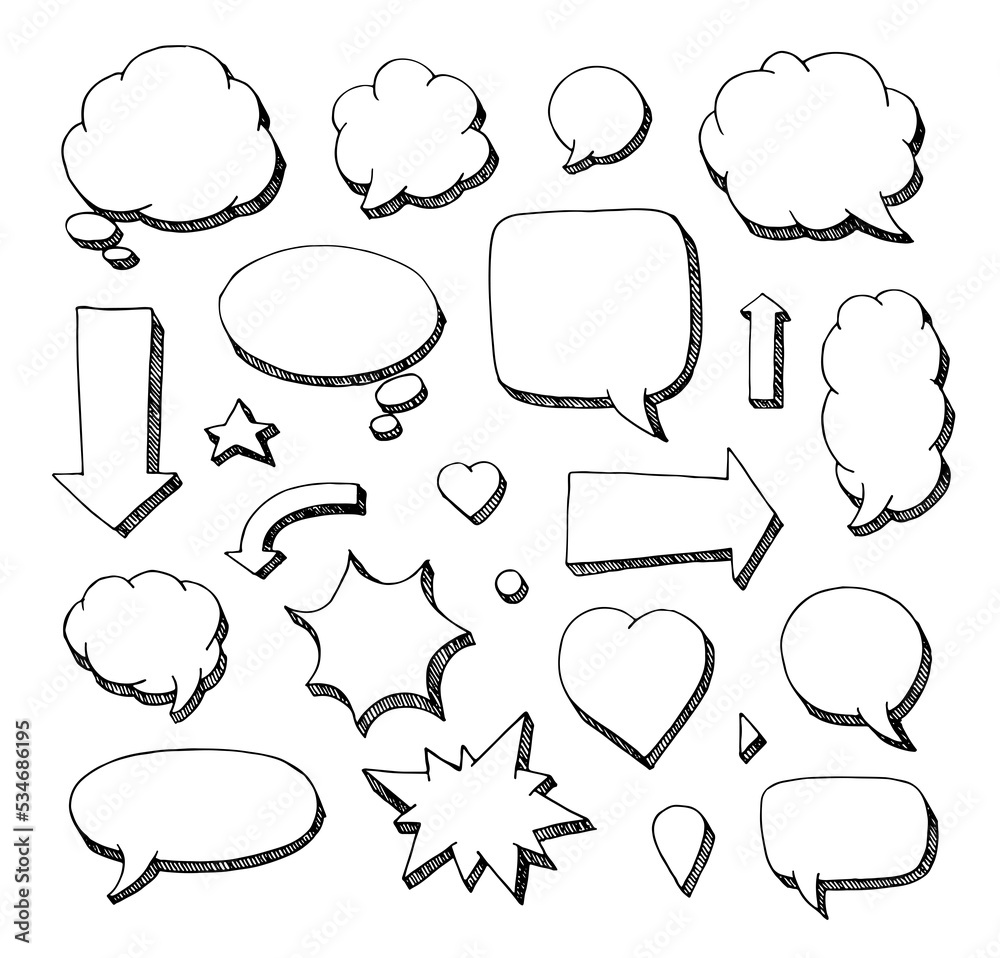 Hand drawn set of speech bubbles and arrows. Frames for text Stock ...