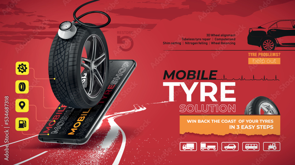 Mobile Tyre Solution. Web banner. Advertisement red poster with car ...