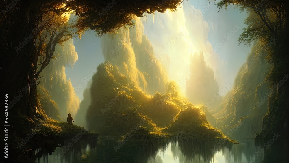Fantasy landscape with unreal trees and mirror river. Sun rays, shadows ...