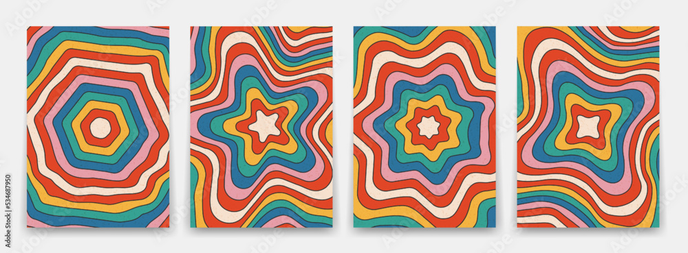 Groovy poster 70s with waves of rays. Abstract geometric shapes of hexagon and stars, bright ...