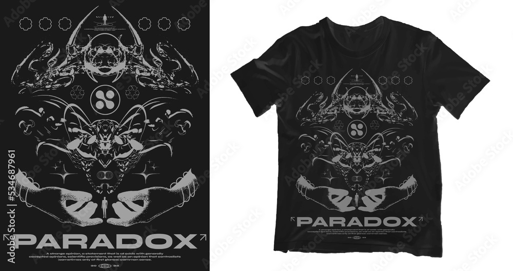 Retro futuristic poster with text "paradox" . Abstract print with noise ...