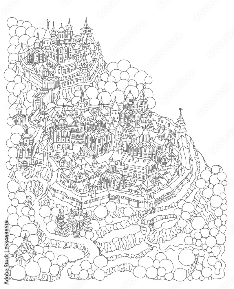 Vector fairy tale island with fantasy medieval ancient Russ castle and ...