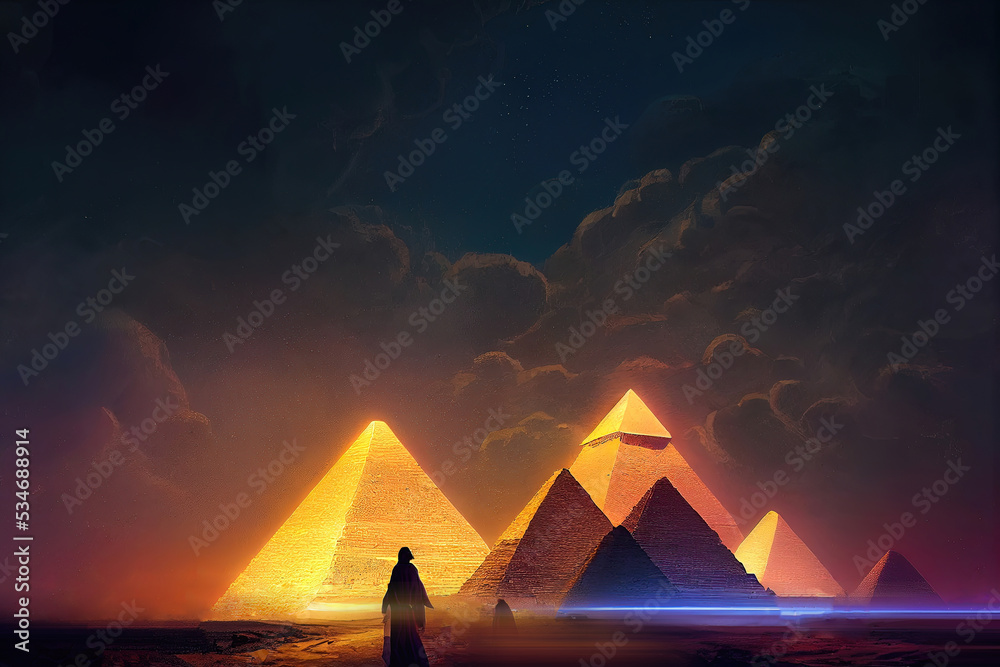 Desert with the great pyramids of ancient Egypt. Giza with pyramids ...