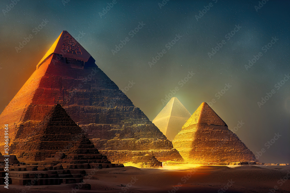 Desert with the great pyramids of ancient Egypt. Giza with pyramids ...