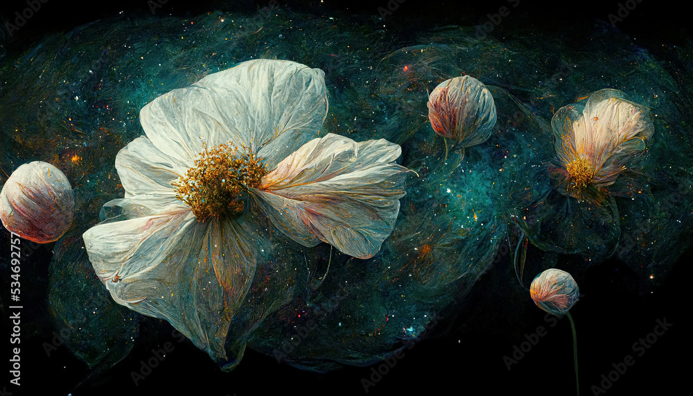 Abstract cosmic, galaxy garden artistic flower with dark, deep space ...