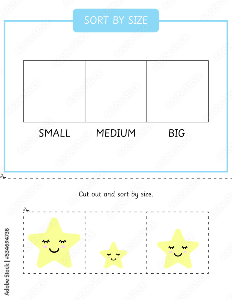 Sort the cute stars by size worksheet for preschool and kindergarten ...