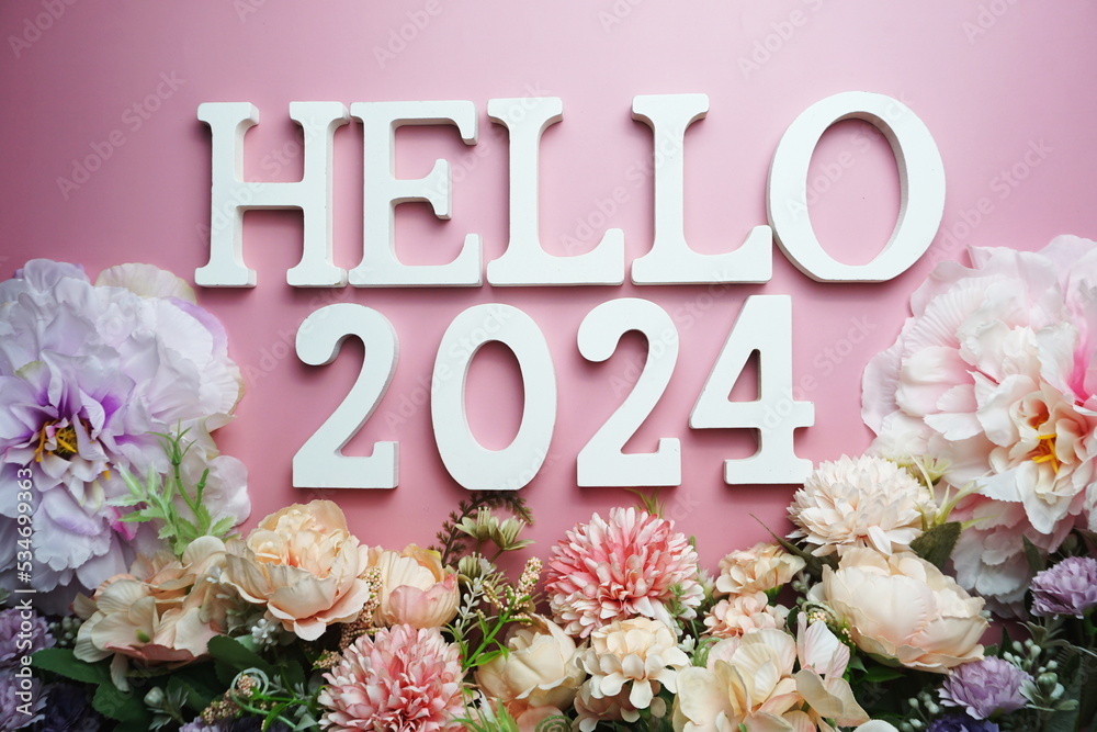Hello 2024 alphabet letter with flower decoration on pink background ...
