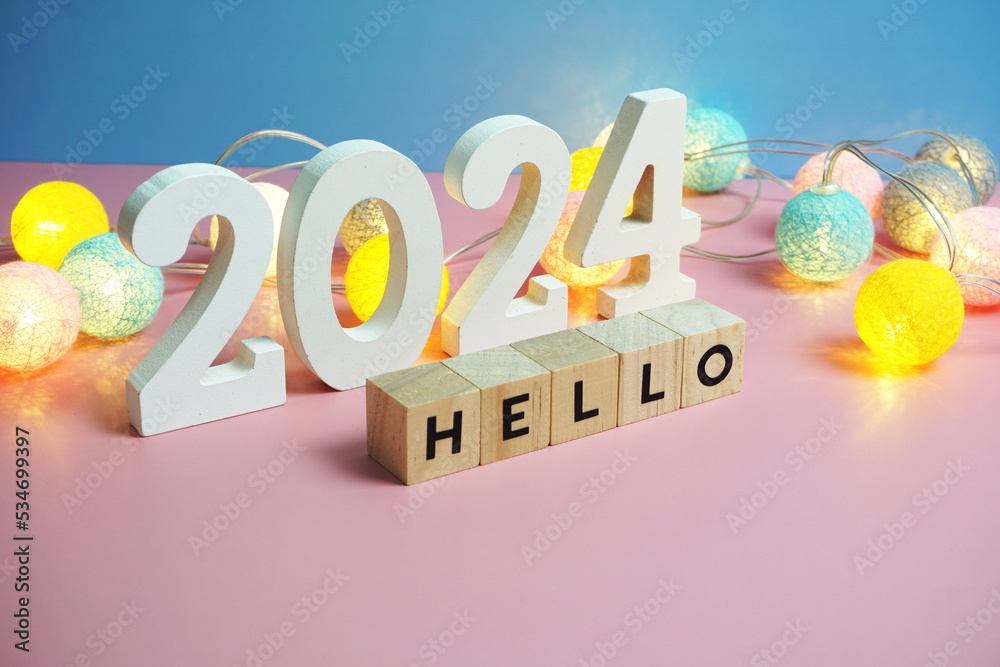 Hello 2024 word alphabet letters on pink and blue background Stock ...