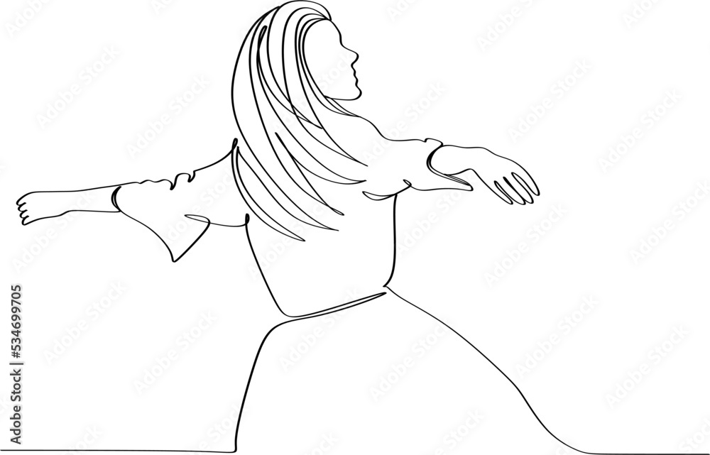 Continuous line art or One Line Drawing of a woman stretching arms is ...