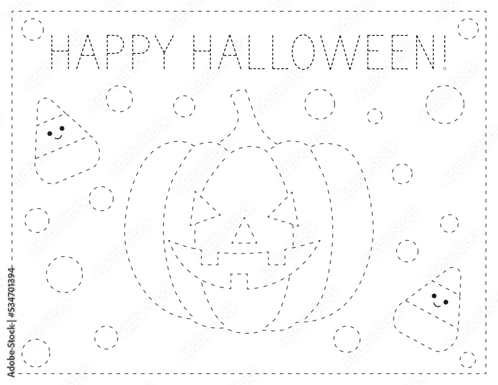 Happy Halloween tracing and coloring worksheet for preschool kids ...