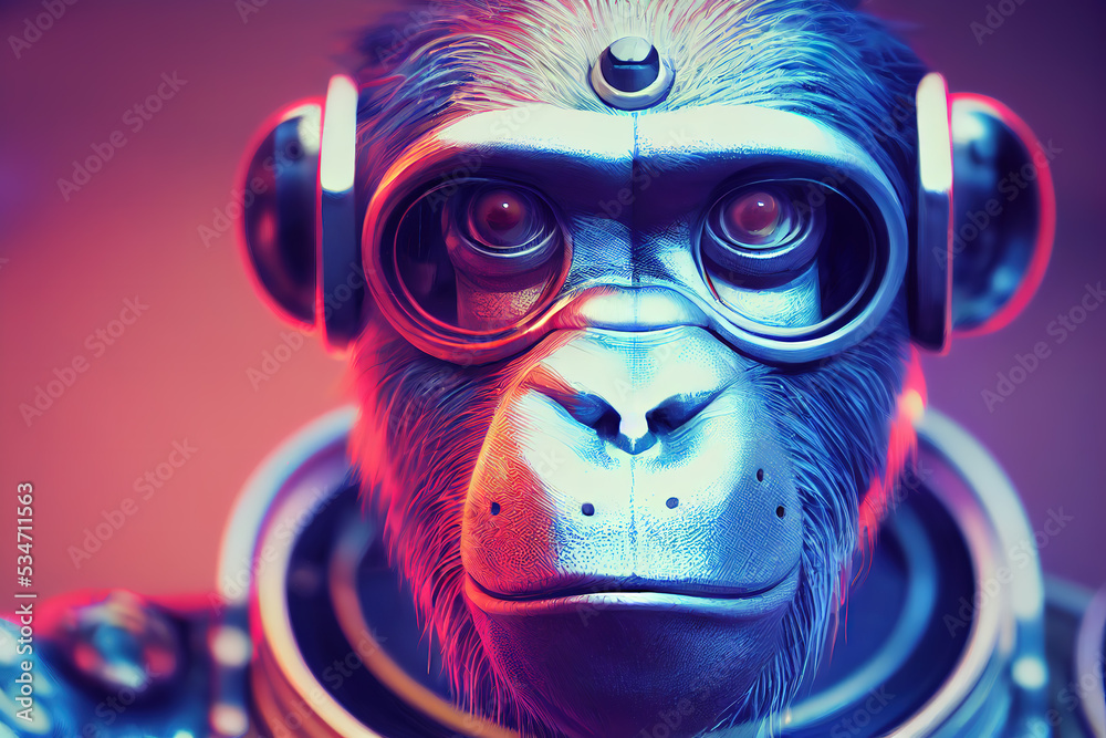 3D render. A monkey in a futuristic suit uses a VR helmet. Futuristic ...
