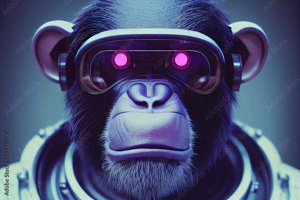 3D render. A monkey in a futuristic suit uses a VR helmet. Futuristic ...