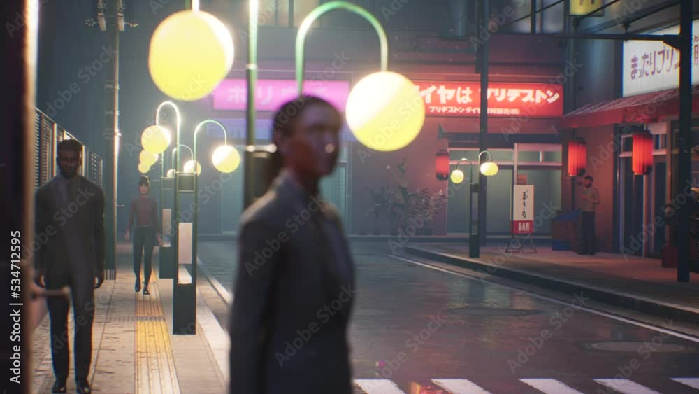 Girl Waiting for the Bus, People Walk, Japanese City, Shops Open 3D ...