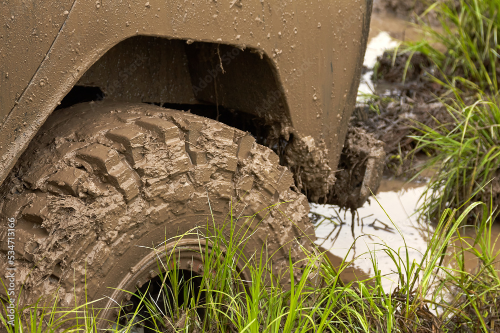 Car wheels on steppe terrain splashing with dirt. SUV or offroader on ...