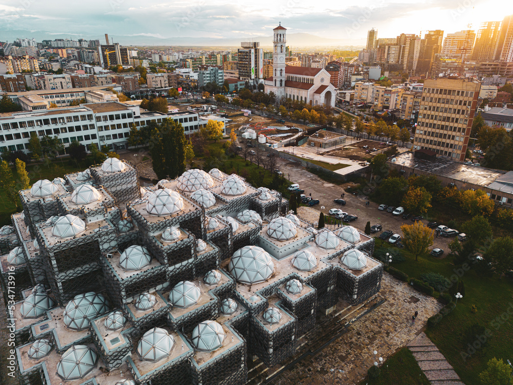 National Public Library in Pristina. Pristina City Aerial View, Capital ...