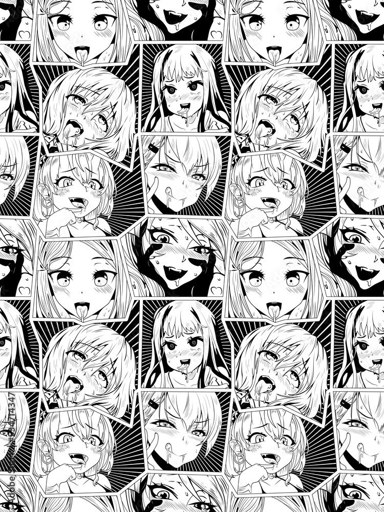 Vecteur Stock Black Vector Seamless Pattern With Ahegao Face Emotion