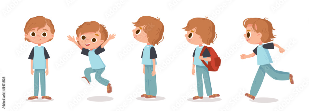 Vector set. Little boy with big eyes and long brown red hair in various ...