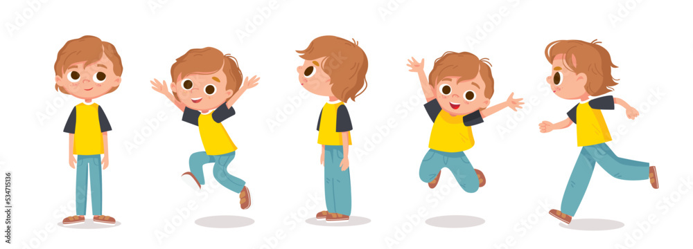 Vetor de Vector set. Little boy with big eyes and long brown red hair in various poses. Standing ...