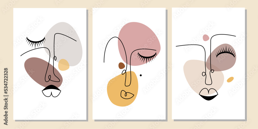 Set of three abstract face art figure wall art. One line drawing ...