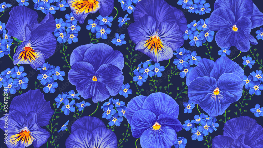 Large floral background with blue flowers Pansies and Forget-me-not on ...