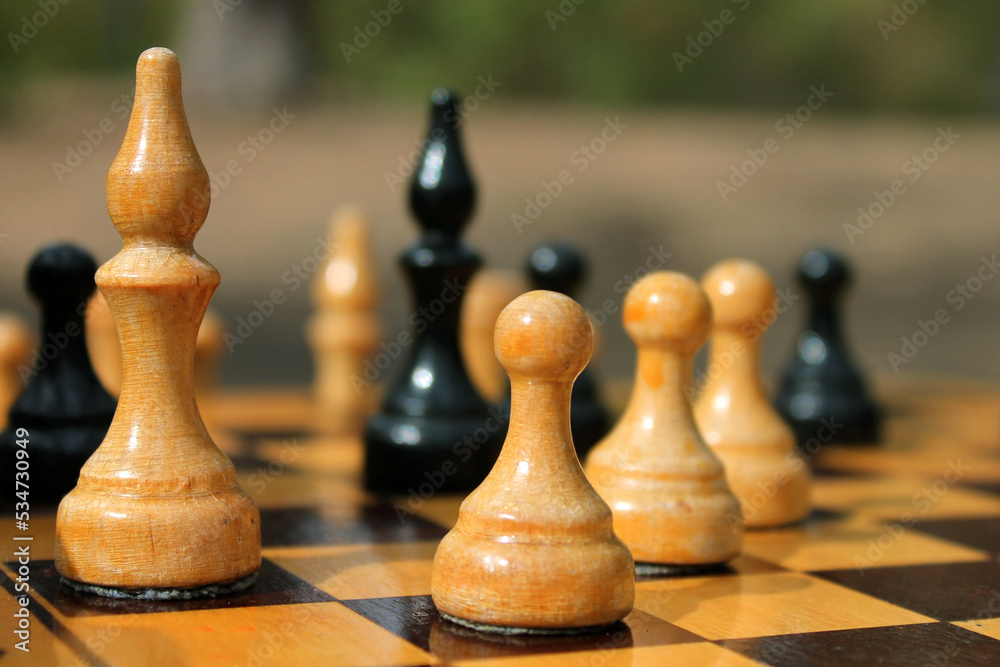 old chess on a chessboard, vintage, play chess in nature, rook, pawn ...