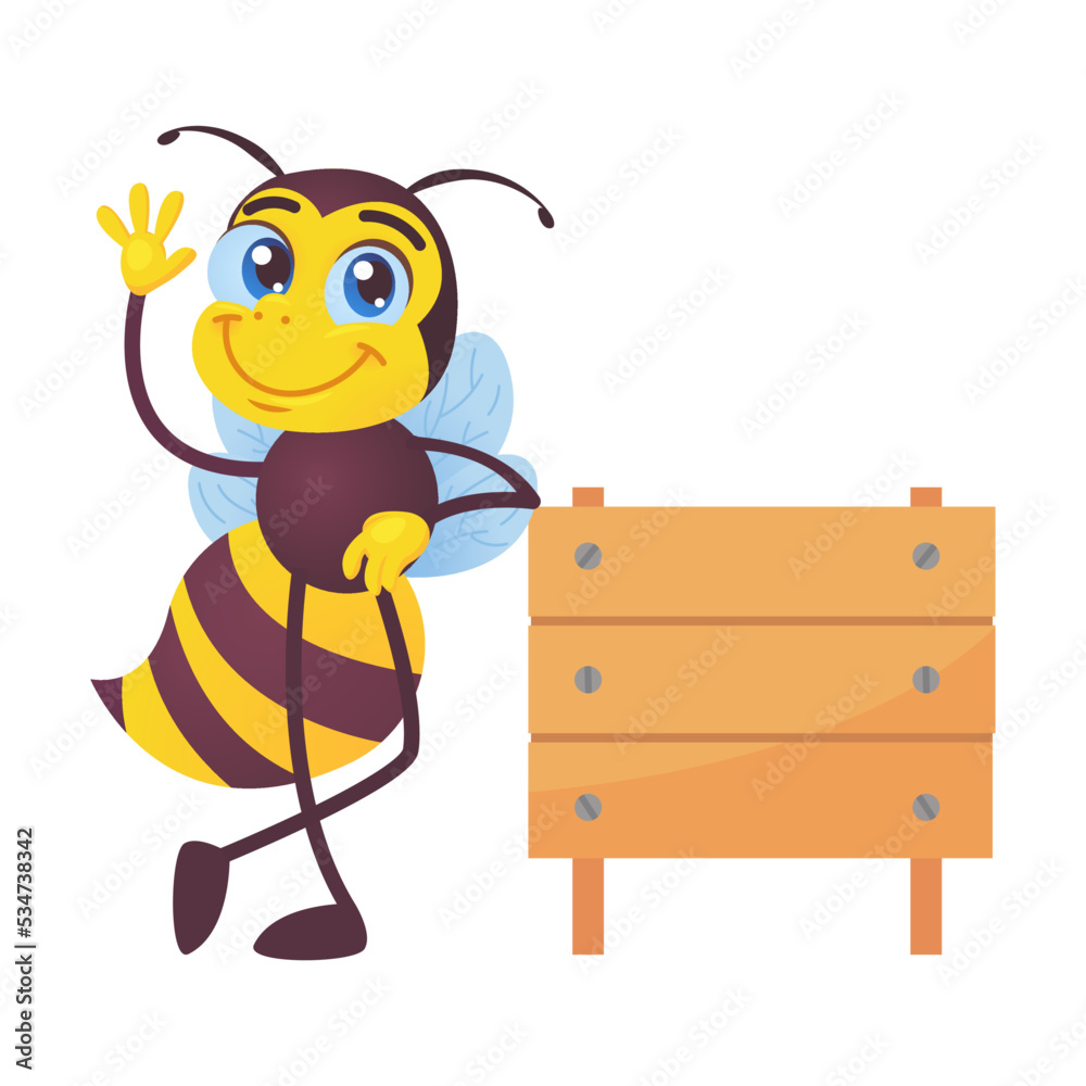 Happy bee. Funny bumblebee flying, carrying honey, waving hello at hive ...