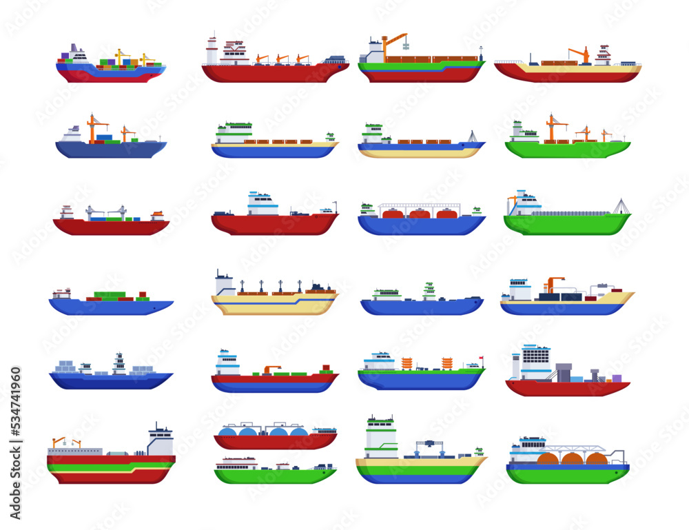 Side view of different barges and ships vector illustrations set ...