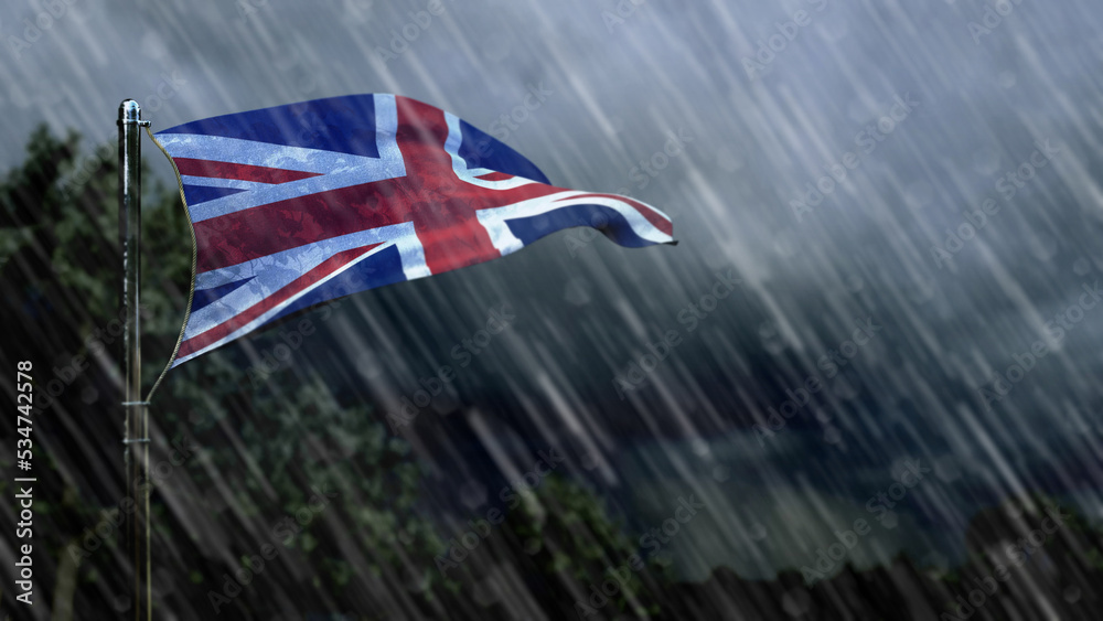 flag of United Kingdom (UK) with rain and dark clouds, rainy weather ...
