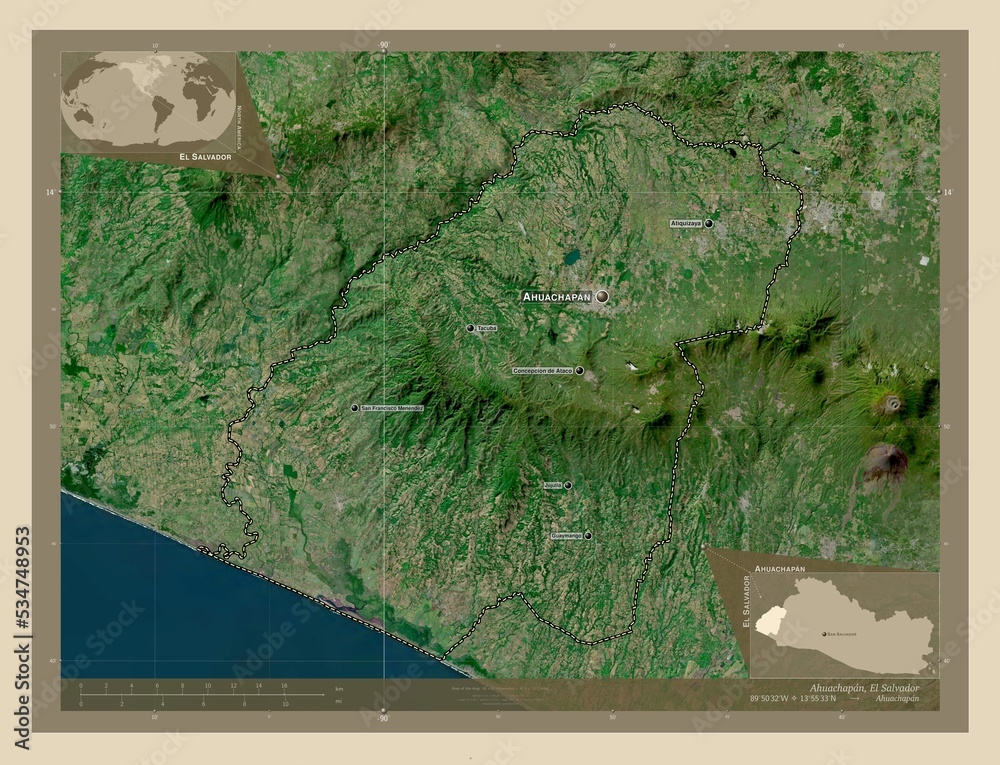 Ahuachapan, El Salvador. High-res satellite. Labelled points of cities ...
