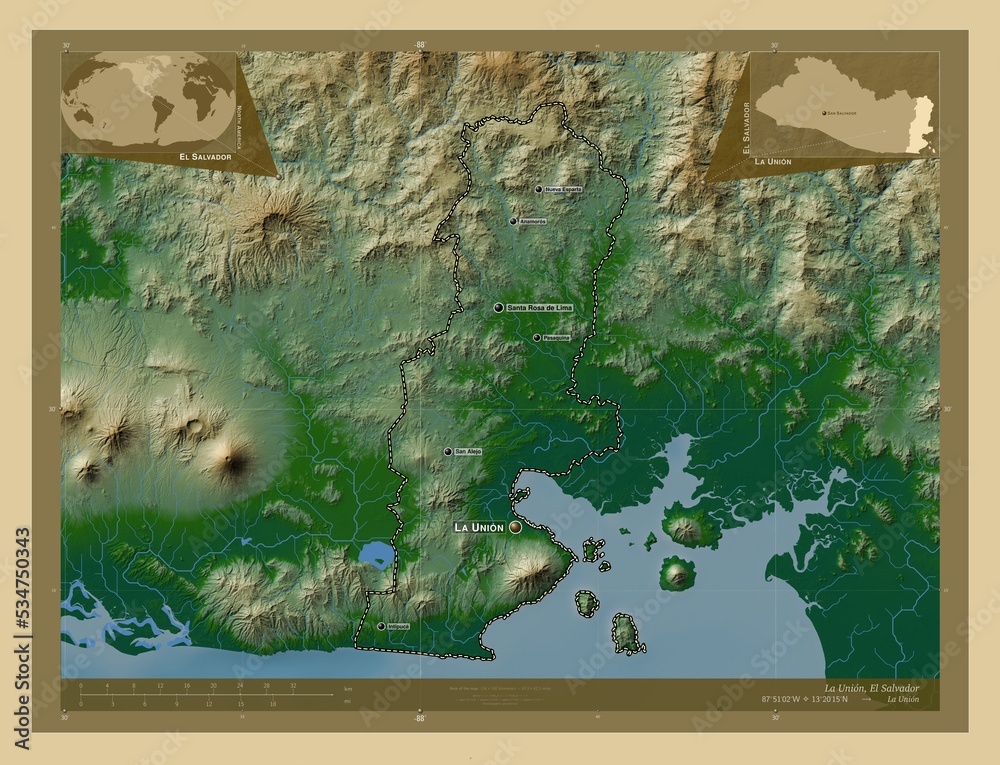 La Union, El Salvador. Physical. Labelled points of cities Stock ...