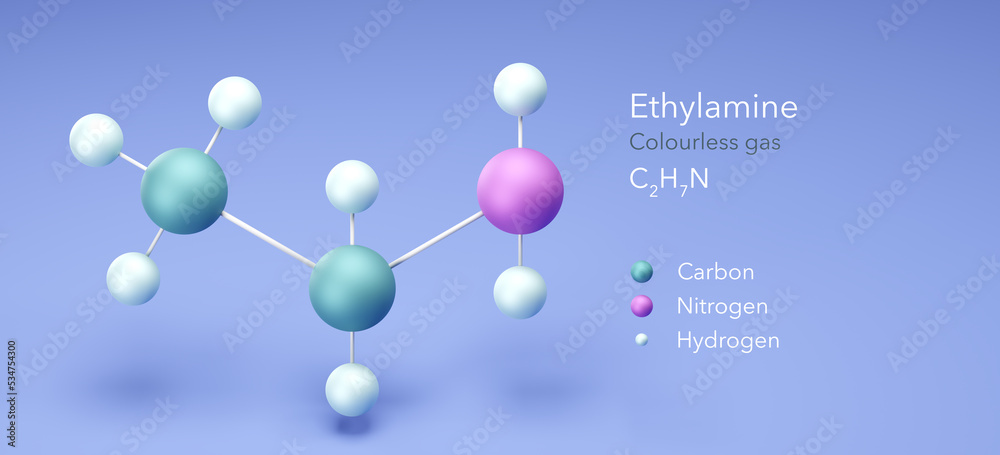 ethylamine, molecular structures, colourless gas, 3d model, Structural ...