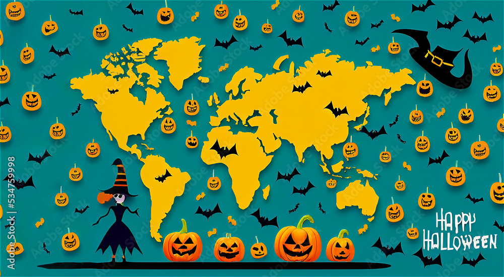 Large Halloween world map with witch and pumpkins, with Happy Halloween ...