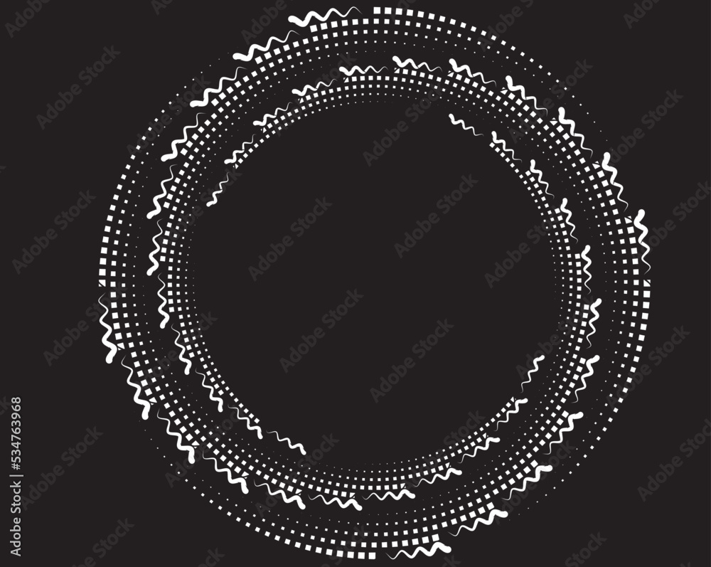 Dotted, dots, speckles abstract concentric circle. Spiral, swirl, twirl ...