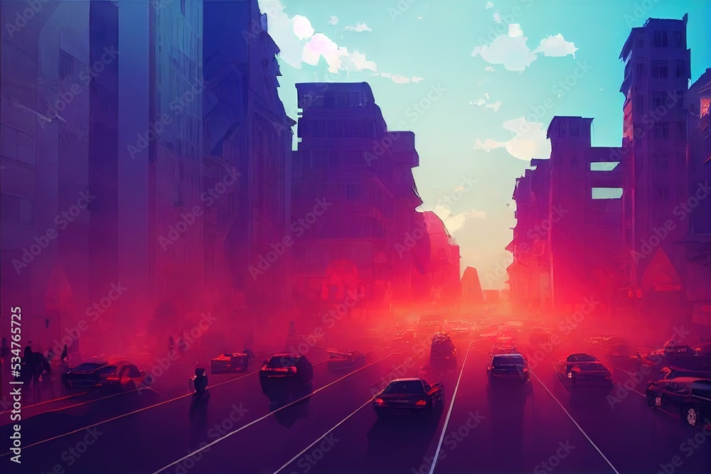 anime style, Car traffic pollution traffic jam in the morning and ...