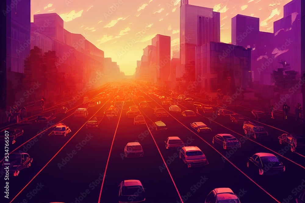 anime style, Car traffic pollution traffic jam in the morning and ...