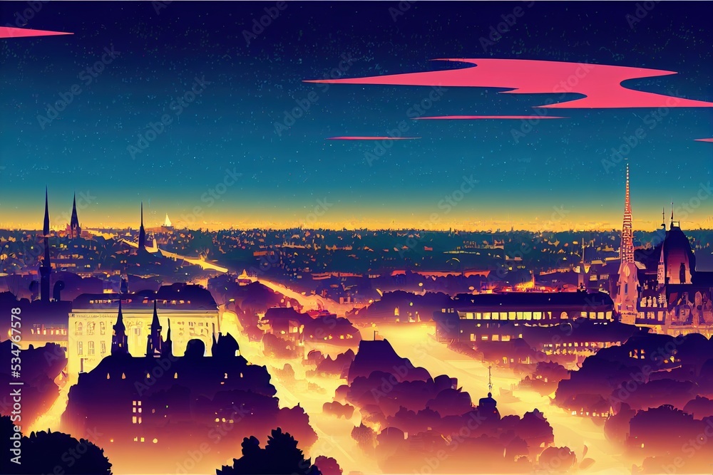 Cartoon style Vienna skyline by night Austria , Anime style no ...