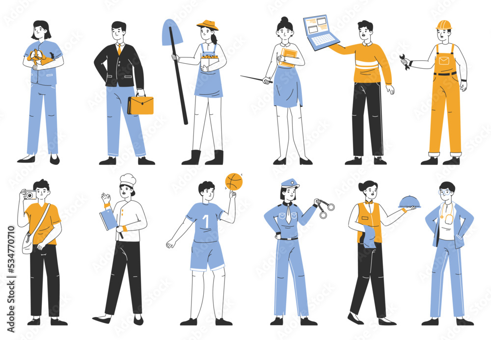 Linear workers in professional uniform, various occupations. People ...