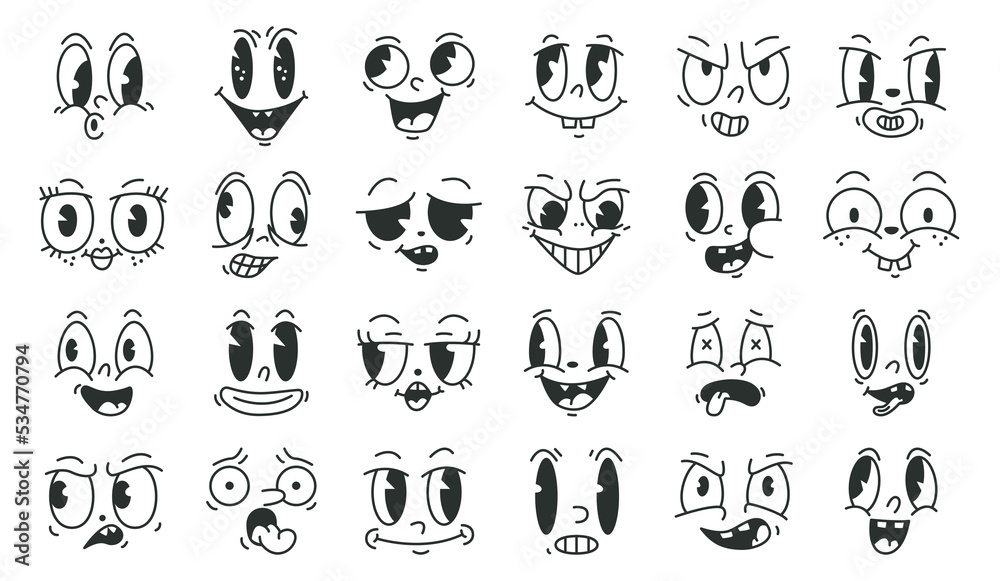 Cartoon retro comic funny 50s faces. Cheerful comic book mascot ...