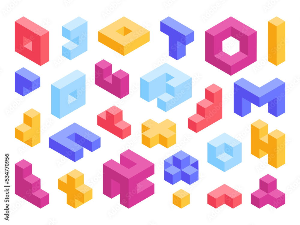 Isometric Puzzle Game Blocks 3d Geometric Shapes Colorful Logic Game Blocks Isometric