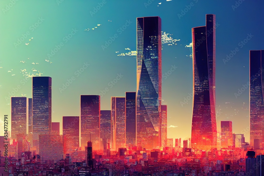 anime style, Cityscape of tall office towers in Shinjuku one of the ...