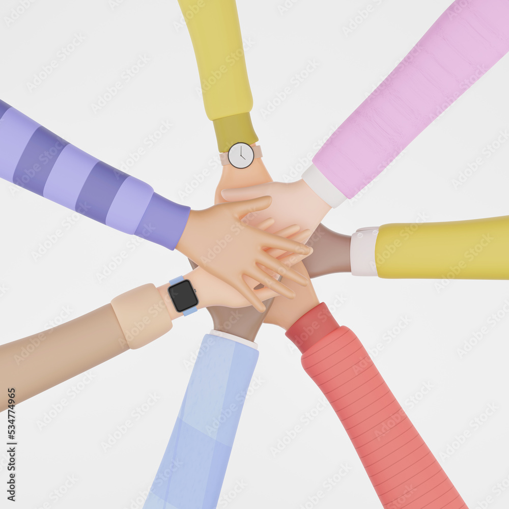 3D render of people of different nationalities team putting their hands ... 3D render of people of different nationalities team putting their hands ...