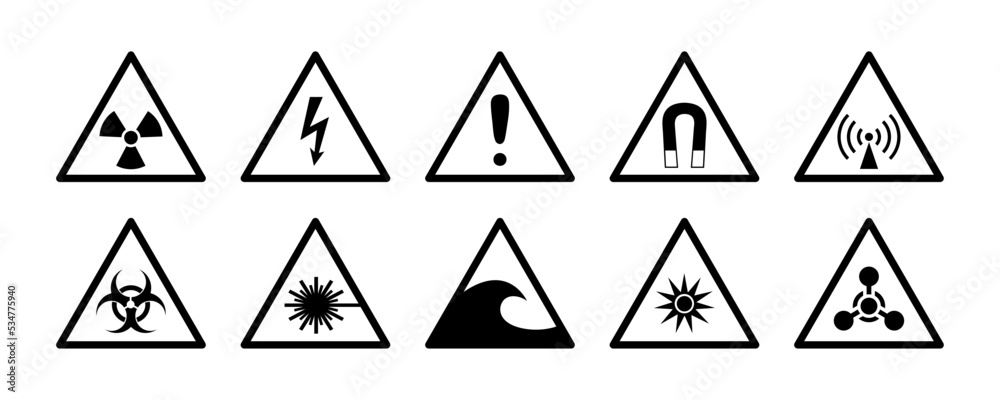 Danger signs and symbols set. Informing about risks and precautions ...