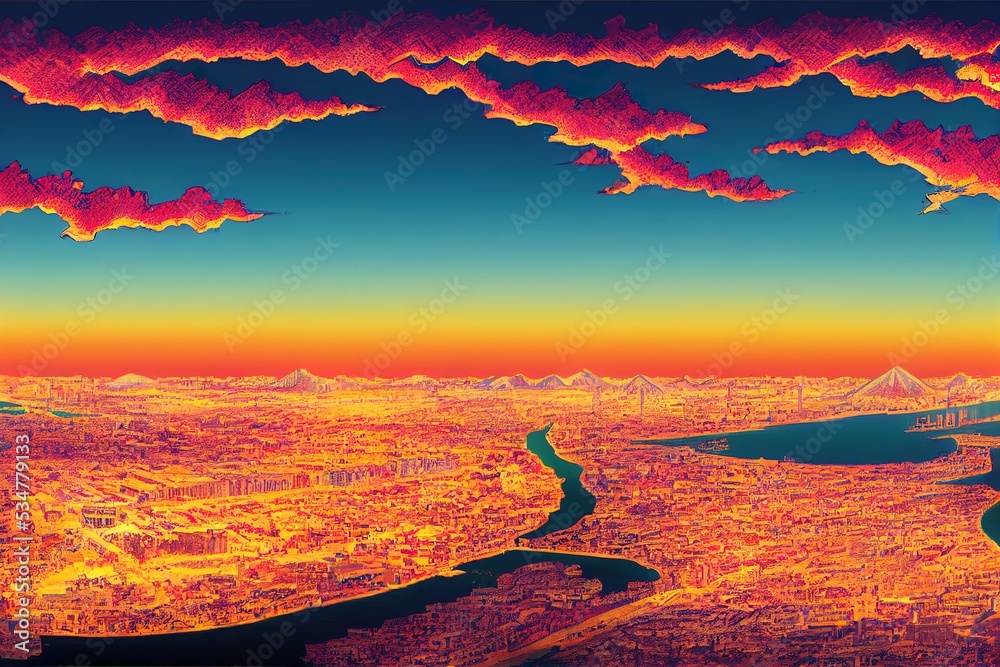 anime style, Beautiful panorama of Cairo and the Nile from above Egypt ...