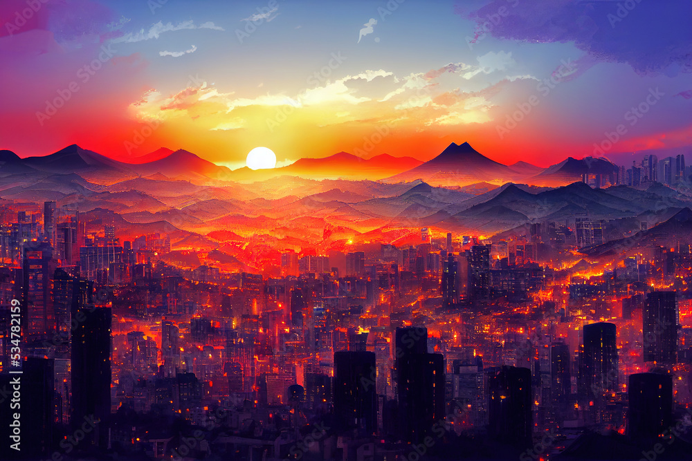 anime style, Sunset of Seoul City Skyline The best view of South Korea ...