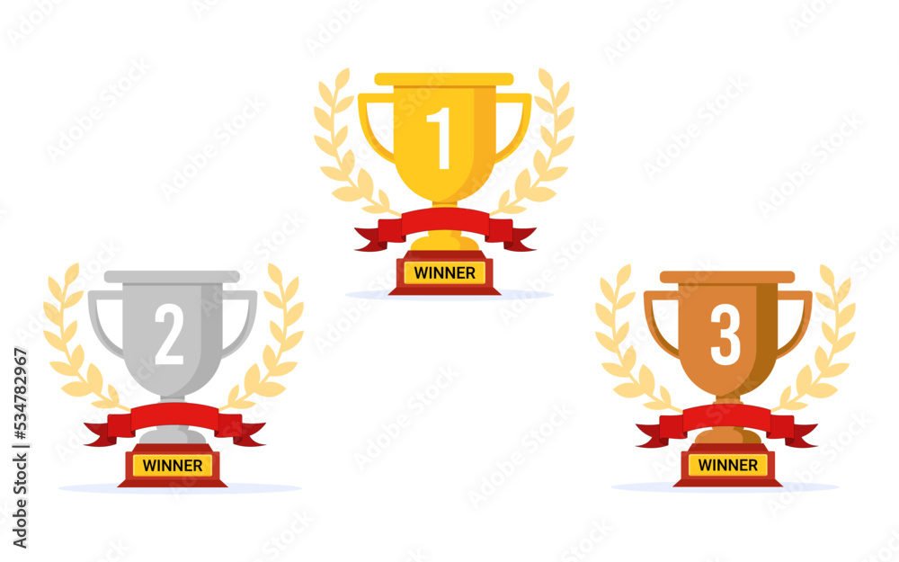 Winners prize with gold, silver and bronze cups. Vector illustration in ...